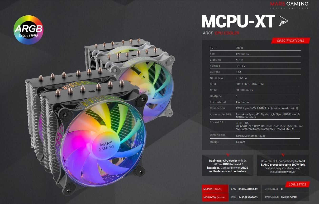 Mars Gaming MCPU-XT CPU Cooler Dual Tower Cooling 300W 2x120mm ARGB ...
